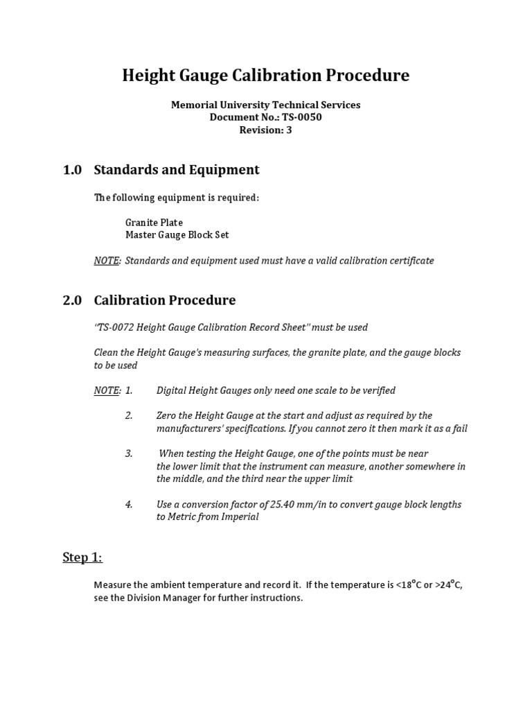Height Gauge Calibration Procedure: 1.0 Standards and Equipment | PDF