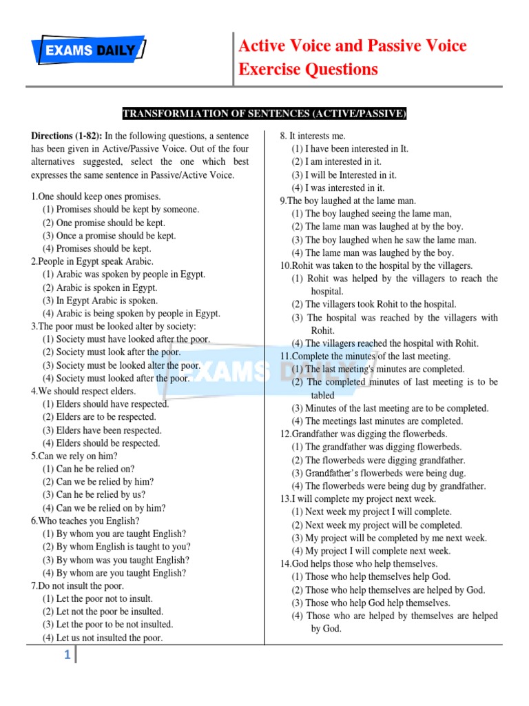 Active Voice and Passive Voice Exercise Question PDF | PDF
