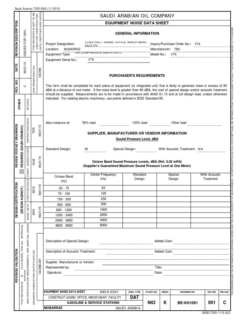 Saudi Aramco Equipment Noise Data Sheet for Air Compressor N43-K-XXX1 ...