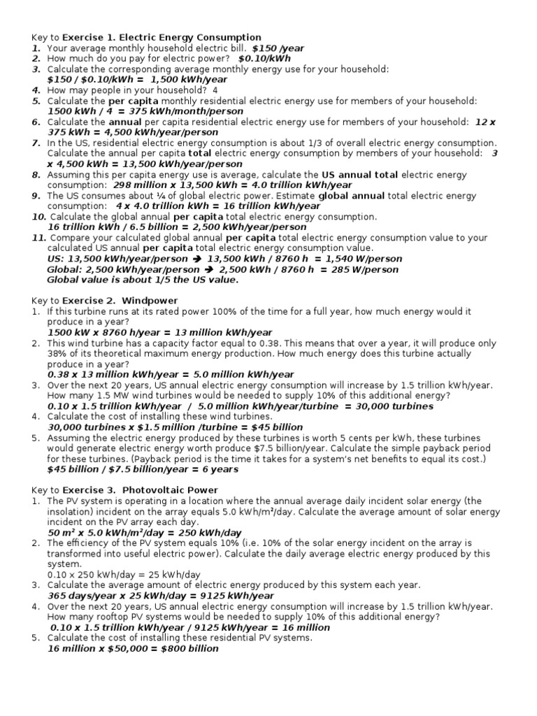 Electric Power Worksheet Key | PDF | Kilowatt Hour | Solar Power