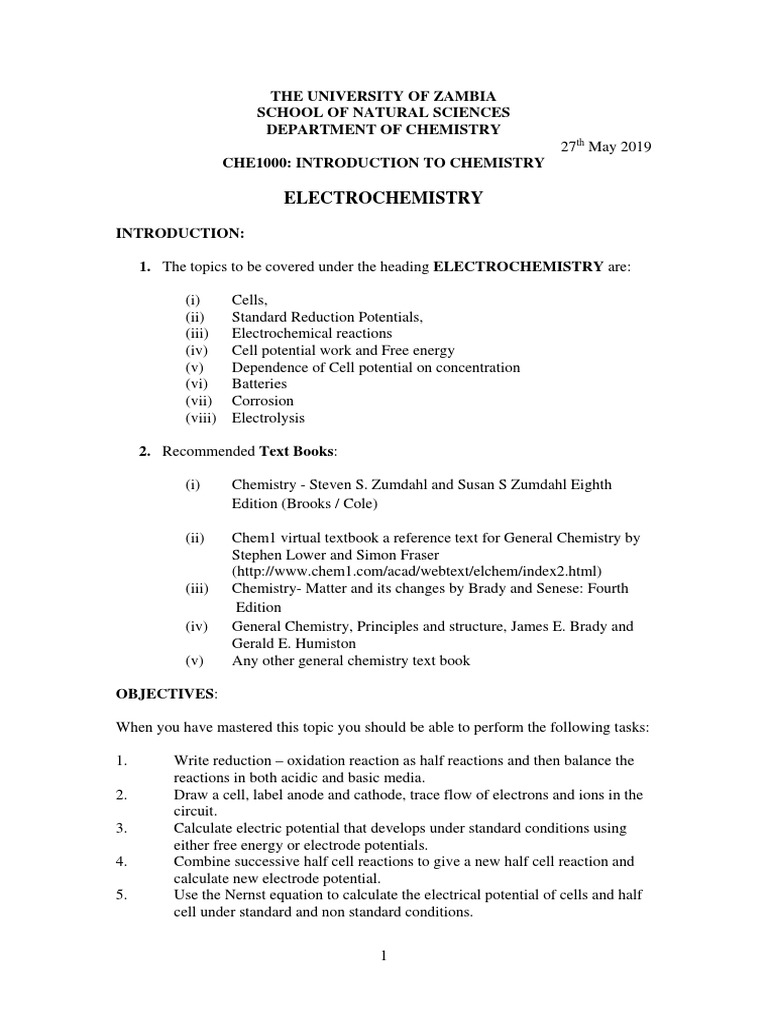 Che 1000 Electrochemistry Overview | PDF | Electrochemistry | Physical ...