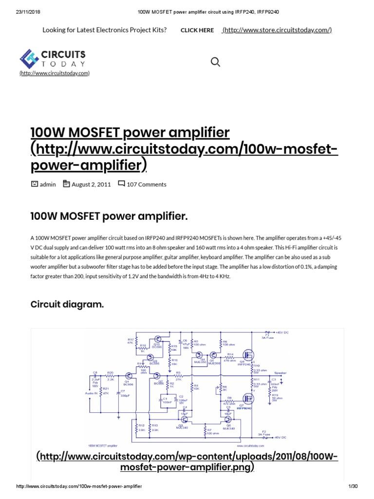 100W MOSFET Power Amplifier Circuit Using IRFP240, IRFP9240 | PDF | Amplifier | Field Effect ...
