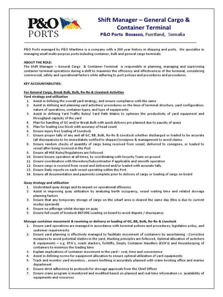 Advert-Shift Manager-POPorts PDF | PDF | Cargo | Port