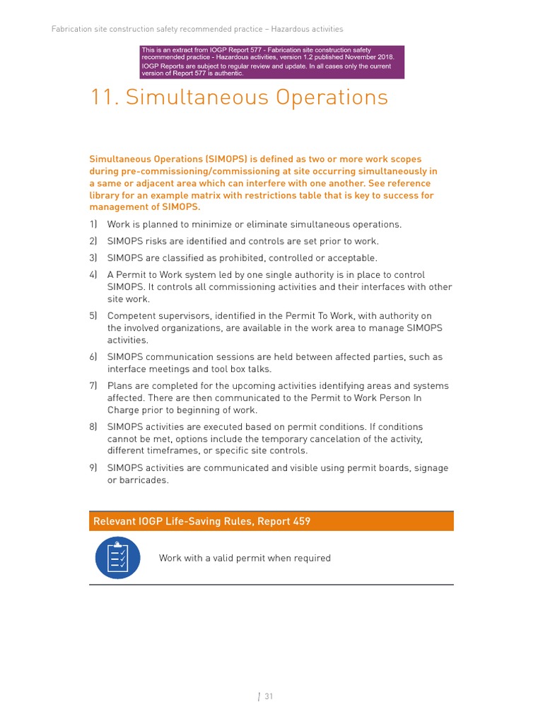 Simultaneous Operations: Relevant IOGP Life-Saving Rules, Report 459 | PDF