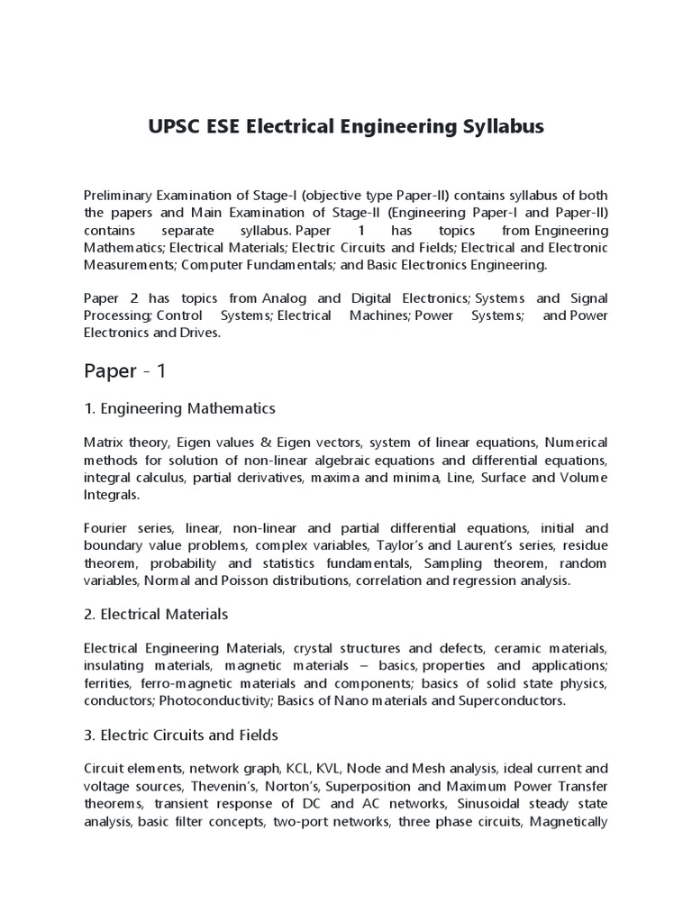 UPSC ESE Electrical Engineering Syllabus: Paper - 1 | PDF | Electrical ...