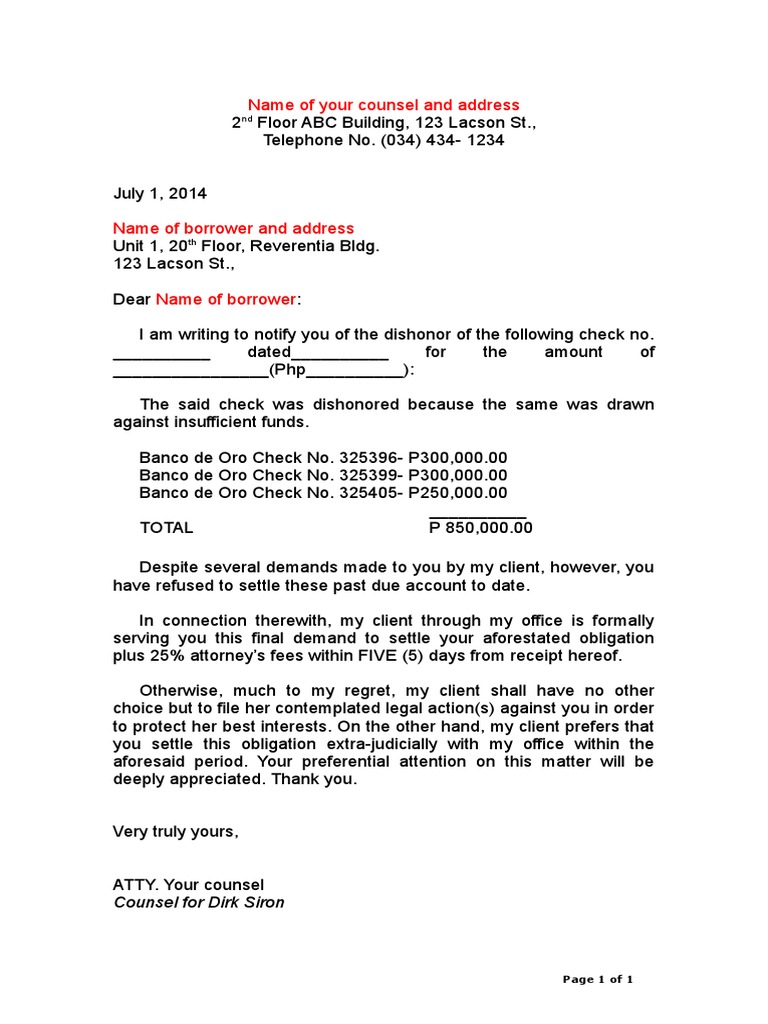 Sample Demand Letter For BP 22 or Bouncing Checks | PDF