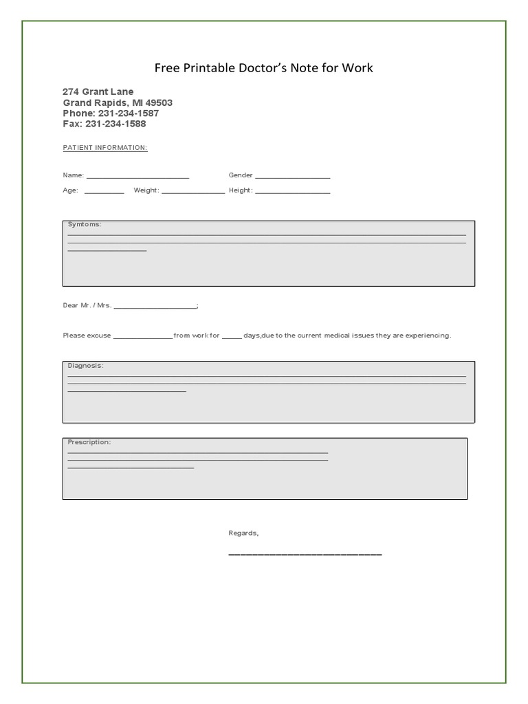Free Printable Doctor's Note For Work: 274 Grant Lane Grand Rapids, MI ...