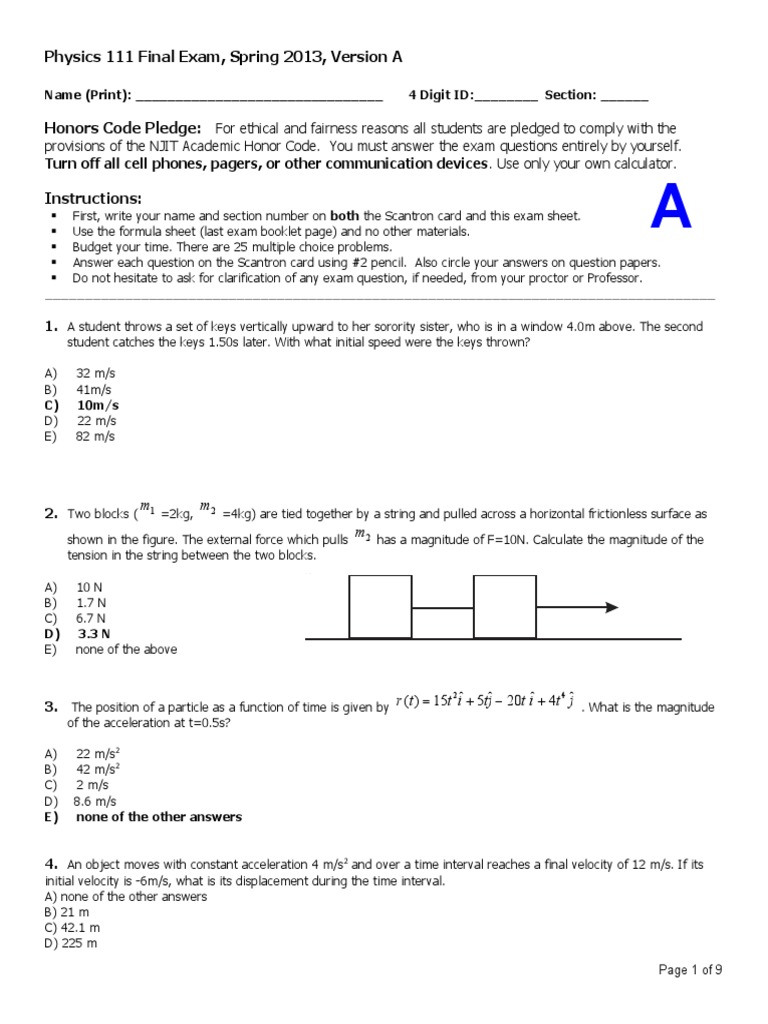 Physics 111 Final Exam, Spring 2013, Version A | PDF | Acceleration ...