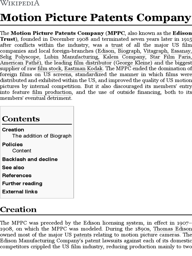 Motion Picture Patents Company: Trust), Founded in December 1908 and ...