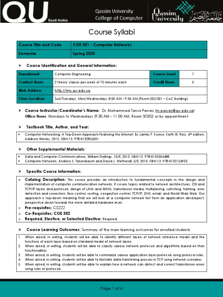 Course - Syllabus - COE 351 - Spring 2020 PDF | PDF | Computer Network ...