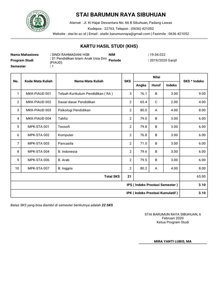 Cetak Laporan KHS Mahasiswa PDF | PDF