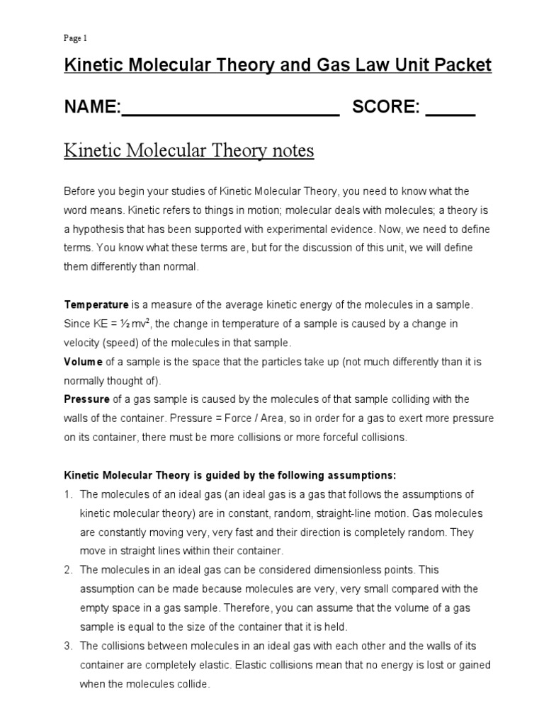 Kinetic Molecular Theory Notes | PDF | Gases | Atmospheric Pressure