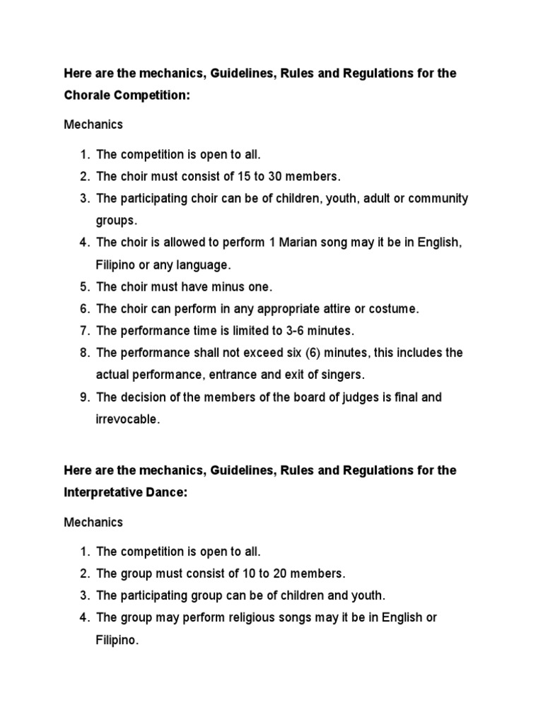 Guidelines, Rules and Regulations for a Chorale, Interpretative Dance ...