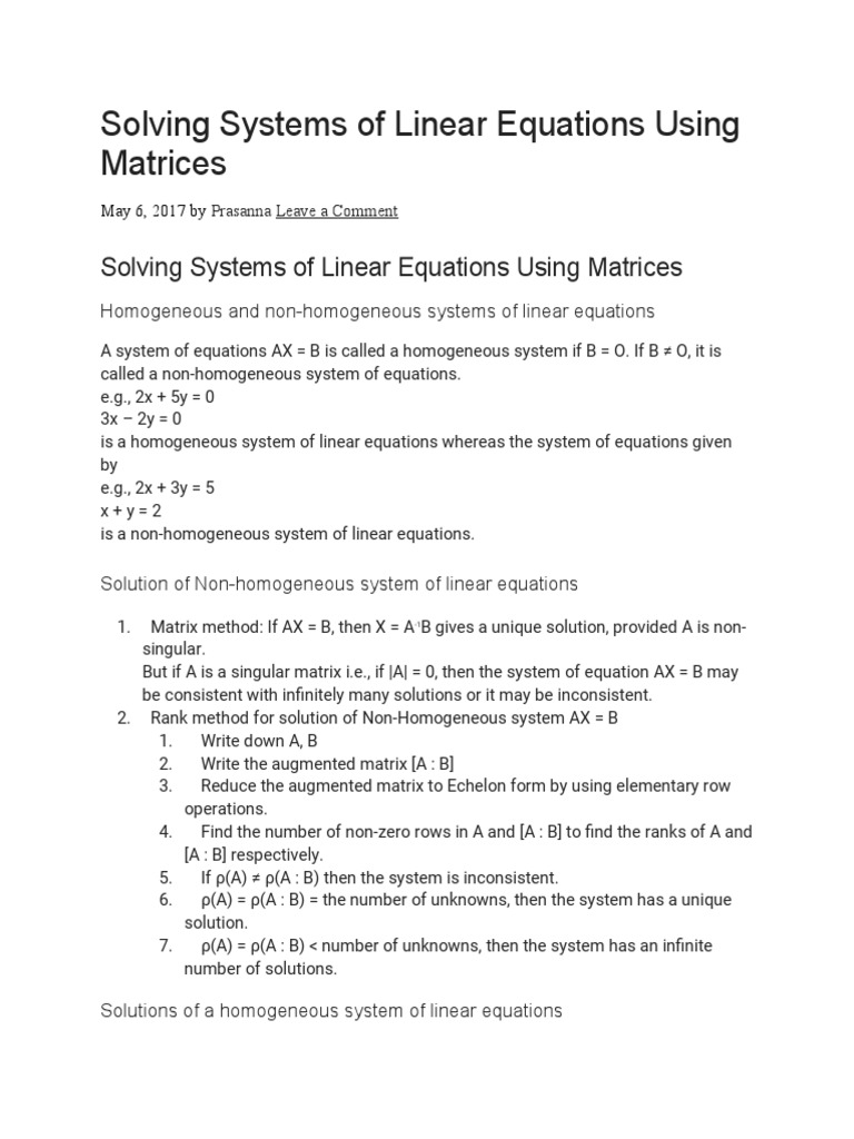 Solving Systems of Linear Equations Using Matrices | PDF | System Of Linear Equations | Matrix ...