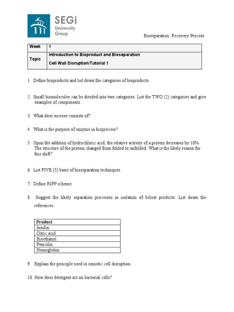 Week 1 Topic Introduction To Bioproduct and Bioseparation Cell Wall Disruption/Tutorial 1 | PDF ...