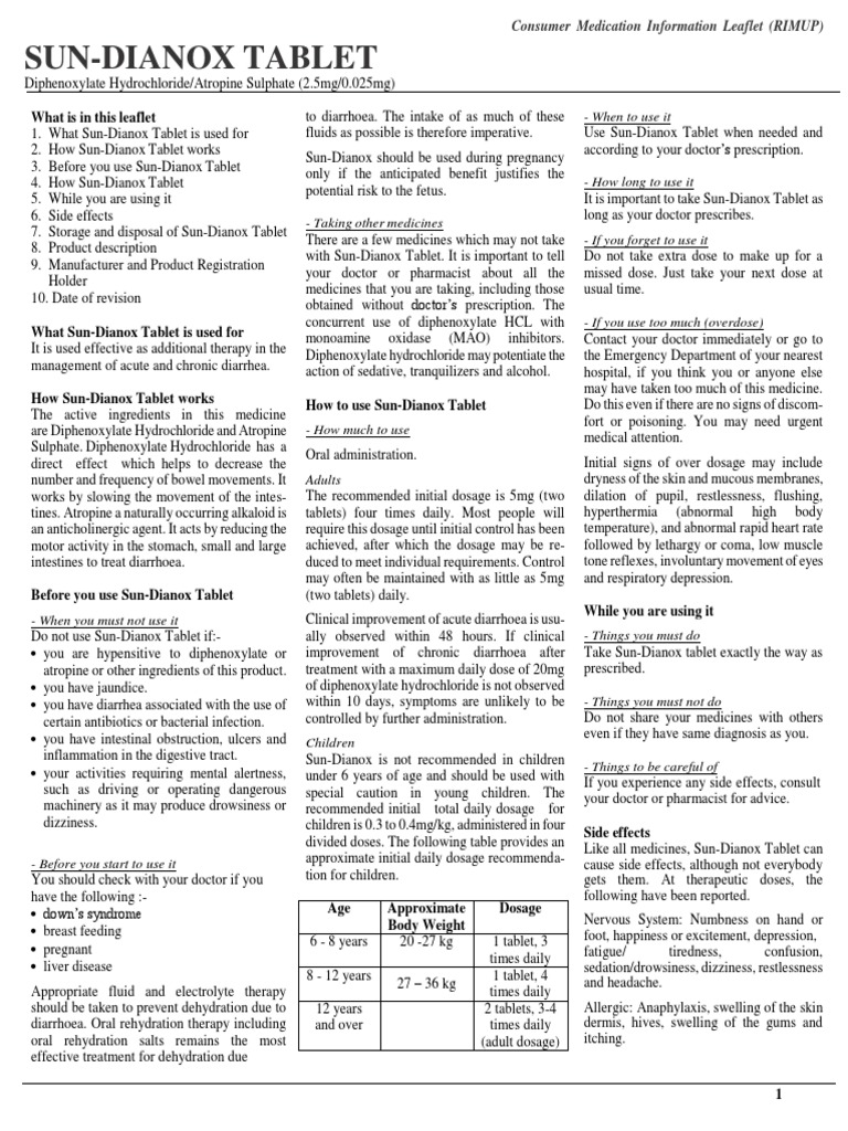Sun-Dianox Tablet Diphenoxylate Hydrochloride Atropine Sulphate SUNWARD ...