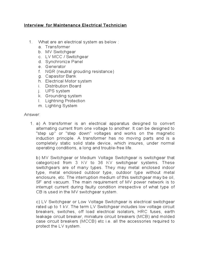 Interview For Maintenance Electrical Technician | PDF | Electric ...