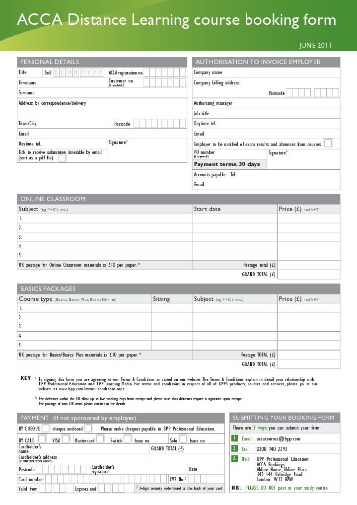 ACCA Distance Learning Booking Form | PDF | Mail | Receipt