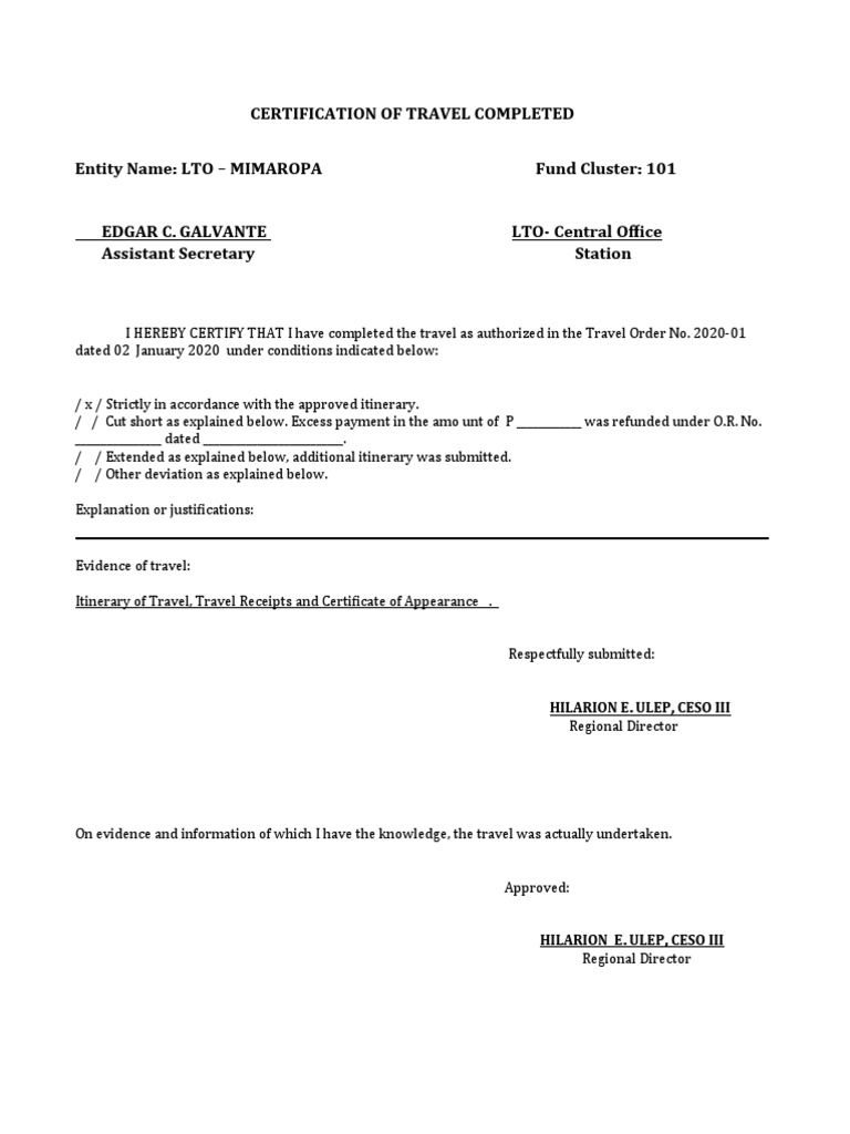 Certification of Travel Completed | PDF