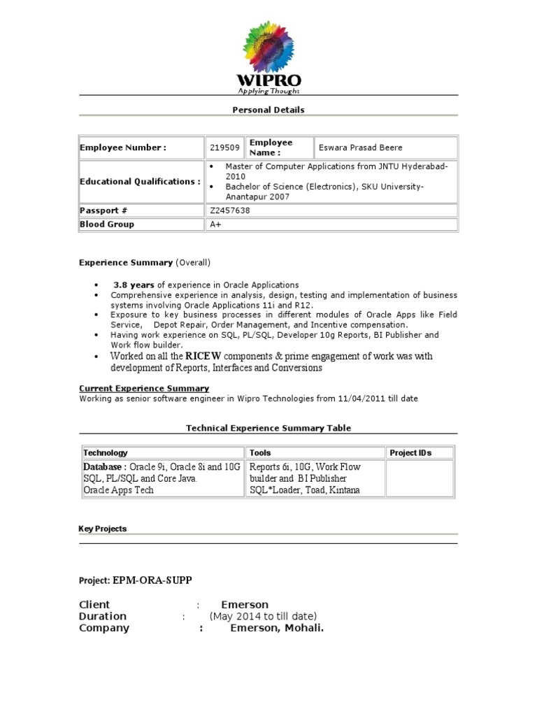 Eswar Wipro Resume | PDF | Oracle Corporation | Business Process Management