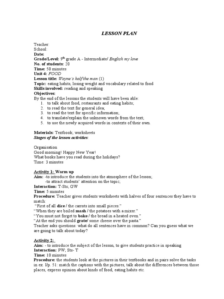 Lesson Plan 9th Grade Junior High School