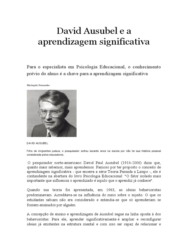David Ausubel e A Aprendizagem Significativa | PDF | Aprendizado ...