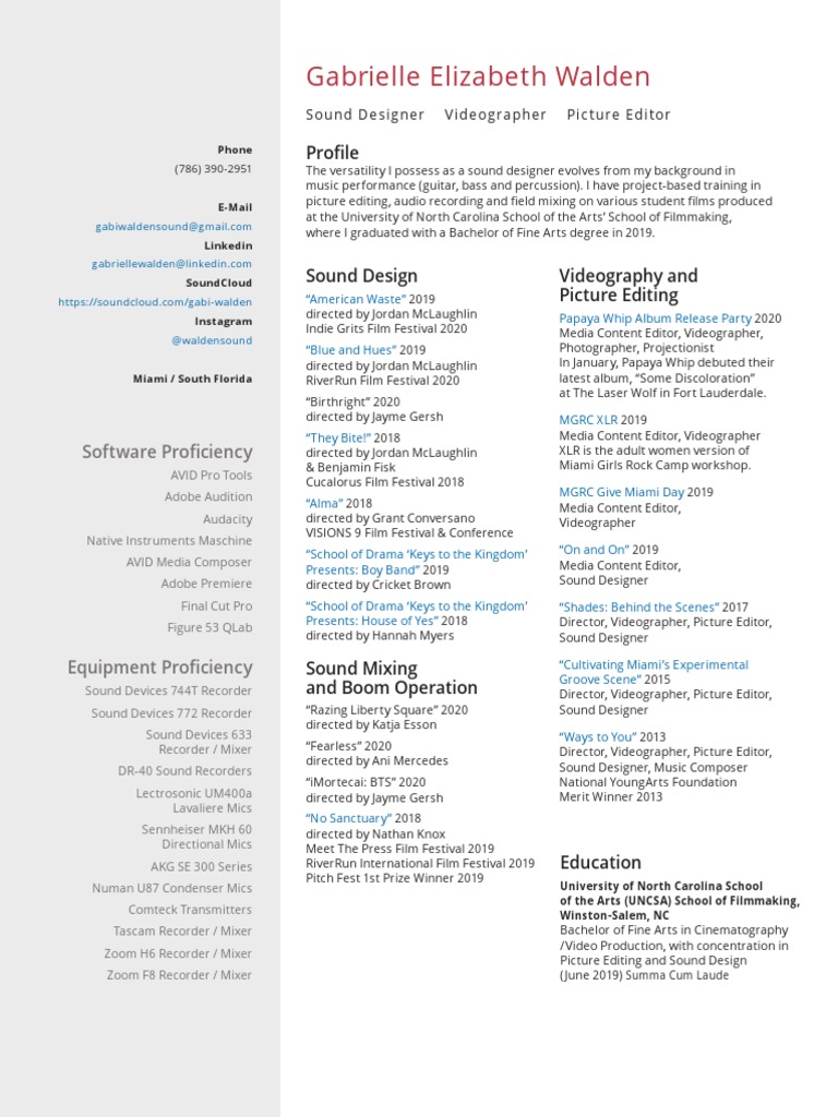 Gabrielle Walden Resume Picture Editing & Sound Design | PDF | Media ...