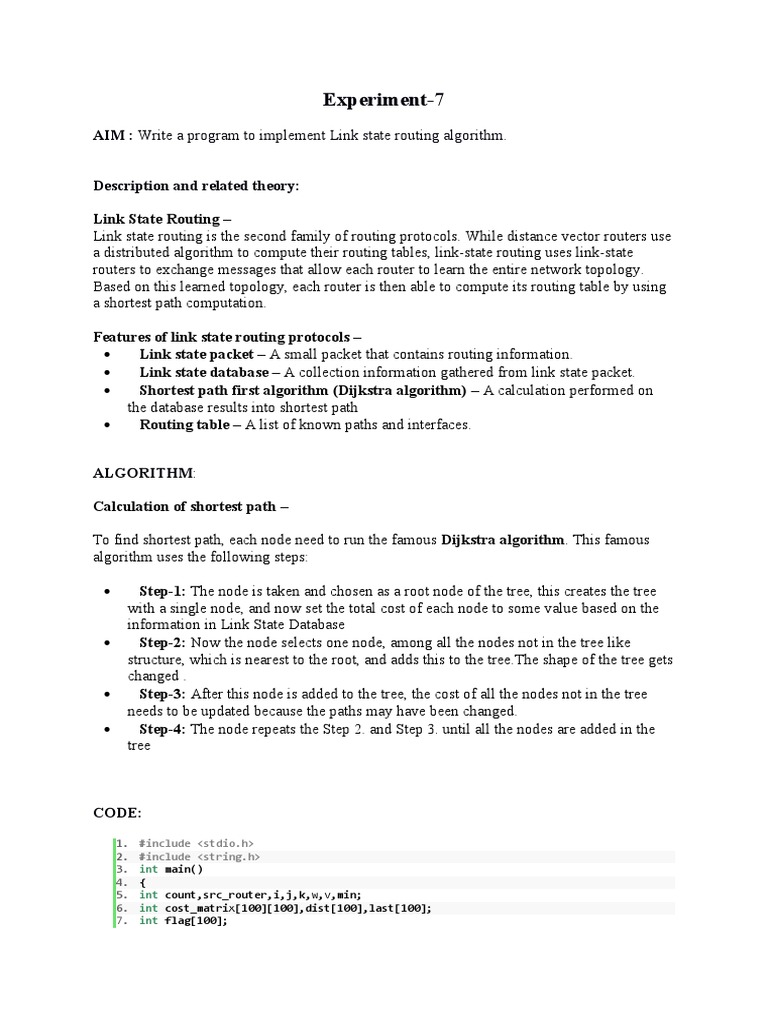 Experiment-7: AIM: Write A Program To Implement Link State Routing Algorithm | PDF | Routing ...