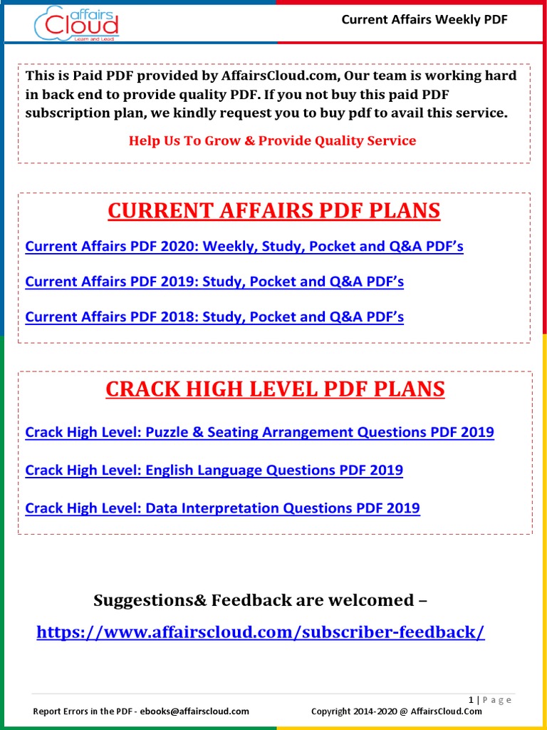 Current Affairs Weekly PDF January 2020 1st Week (1-7) by AffairsCloud ...