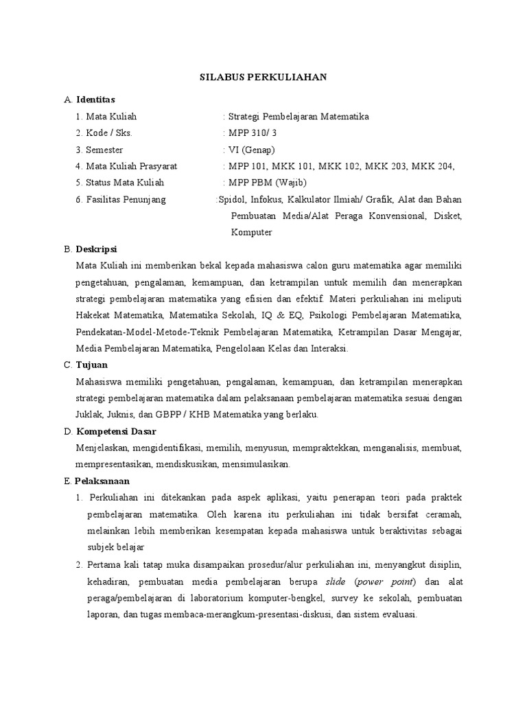 Silabus Perkuliahan Strategi Pembelajaran Matematika-Acep-2020 | PDF