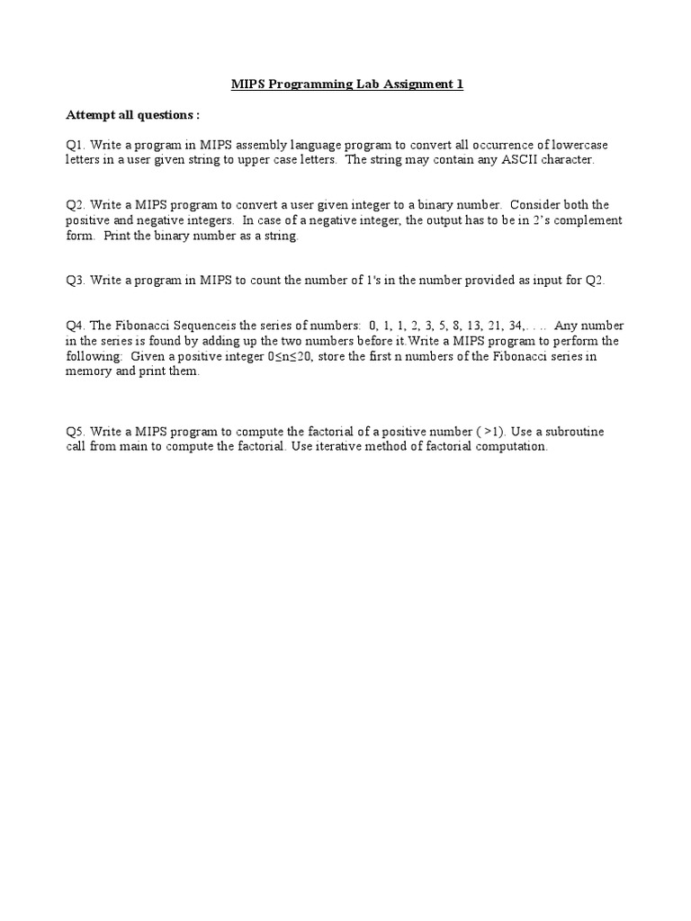 MIPS Programming Lab Assignment 1 Attempt All Questions | PDF