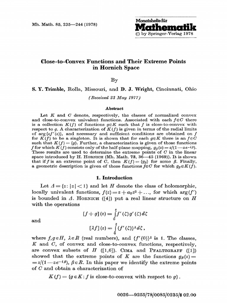 Close To Convex Functions and Their Extreme Points in The Hornich Space | PDF | Interval ...