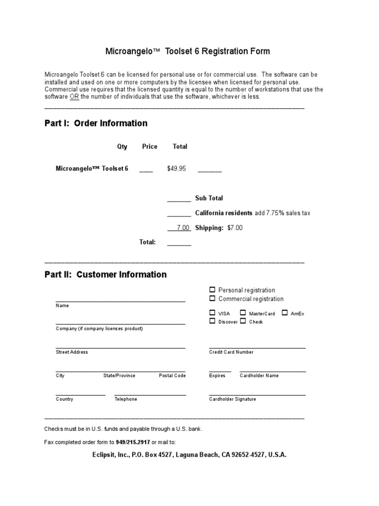 Part I: Order Information: Microangelo Toolset 6 Registration Form ...