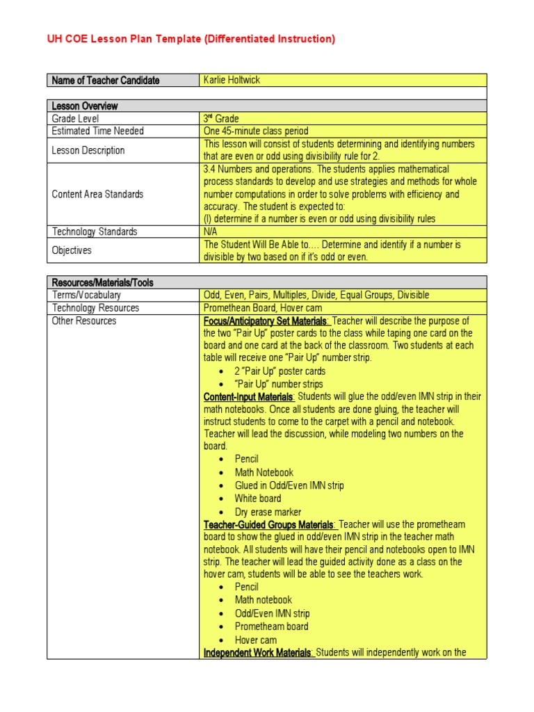 Even and Odd Numbers Lesson Plan | PDF | Differentiated Instruction ...