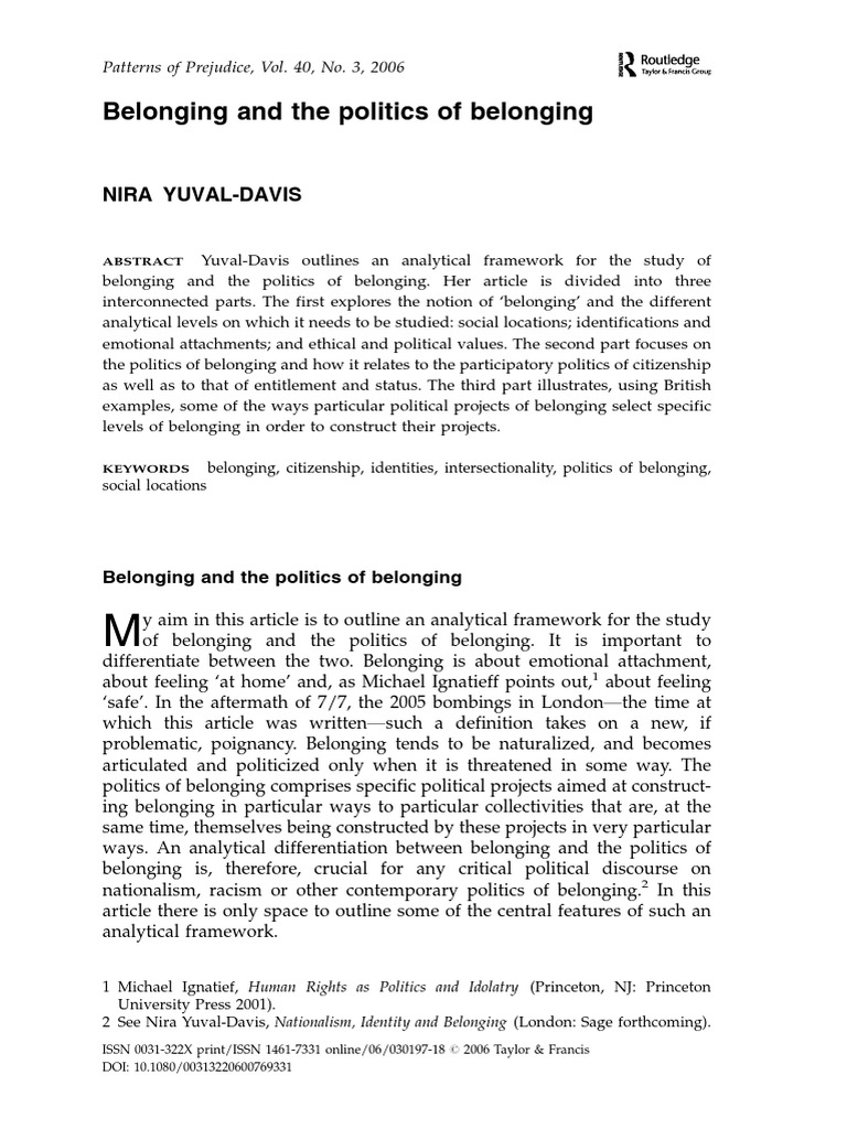 Yuval Davis Belonging & The Politics of Belonging 2006 | PDF | Identity ...