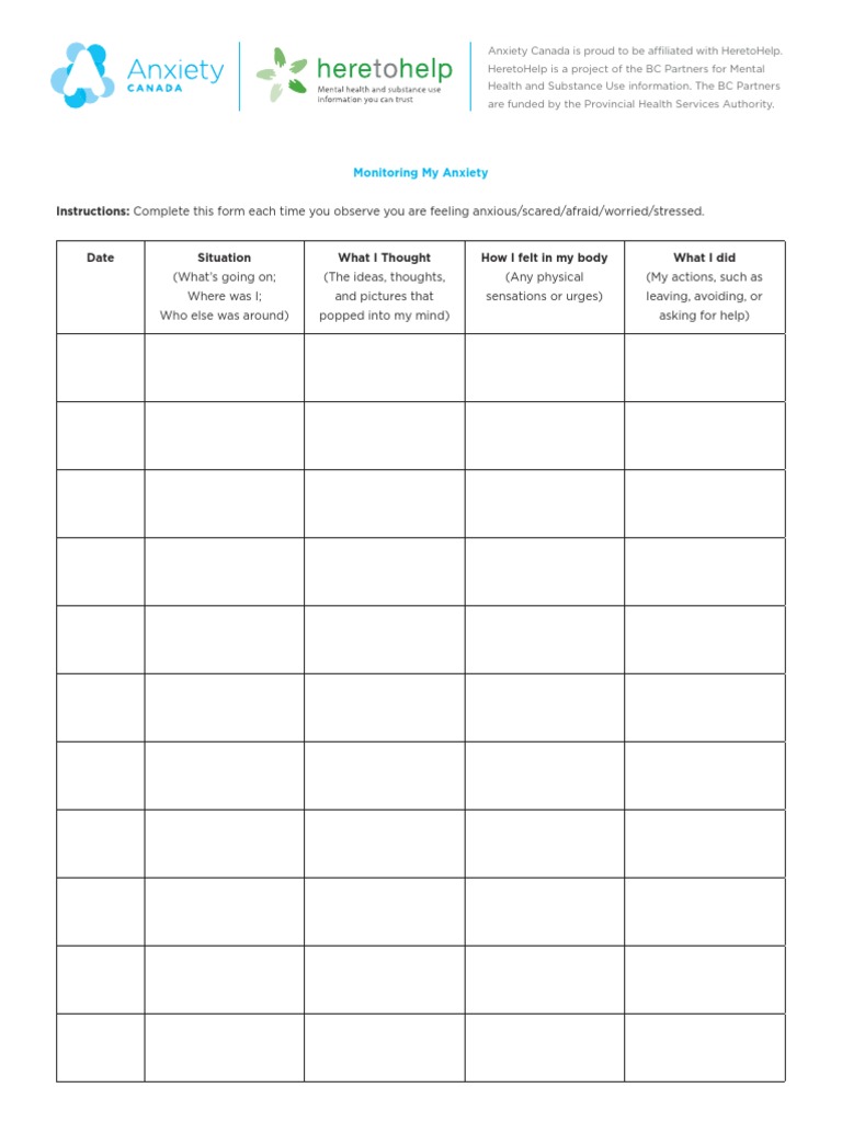 Instructions: Complete This Form Each Time You Observe You Are Feeling ...