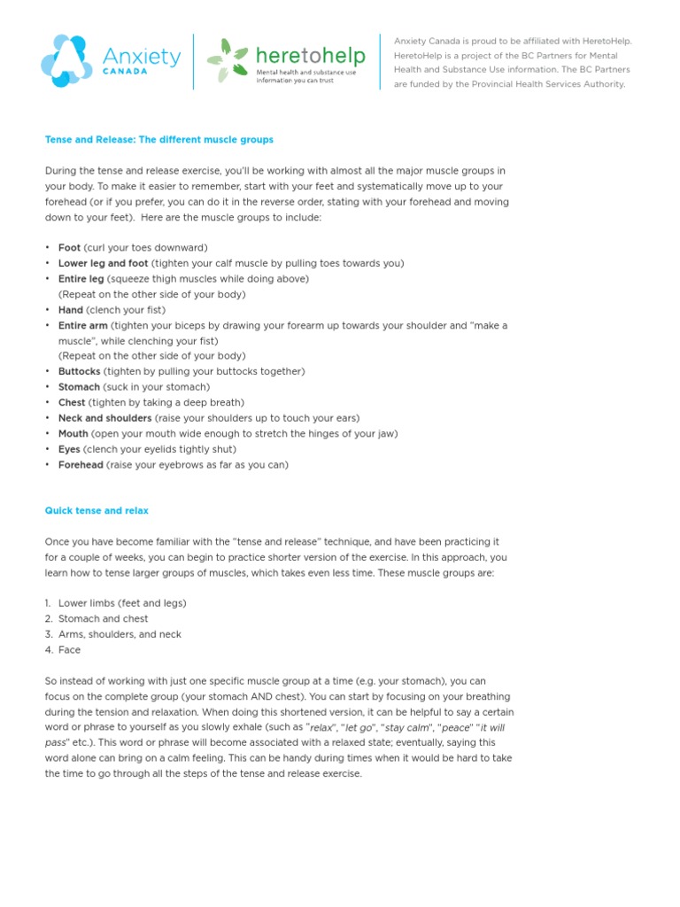 Tense and Release Muscle Groups Guide | PDF | Relaxation (Psychology ...