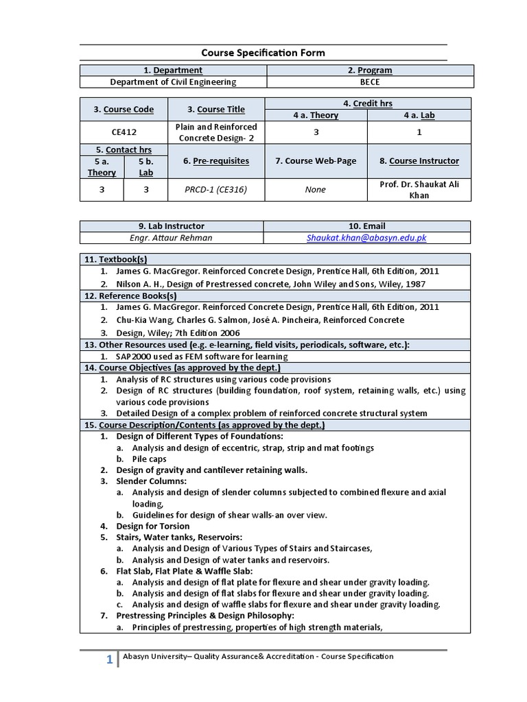 CE412 PRCD-2 Course Specification Form | PDF | Prestressed Concrete ...