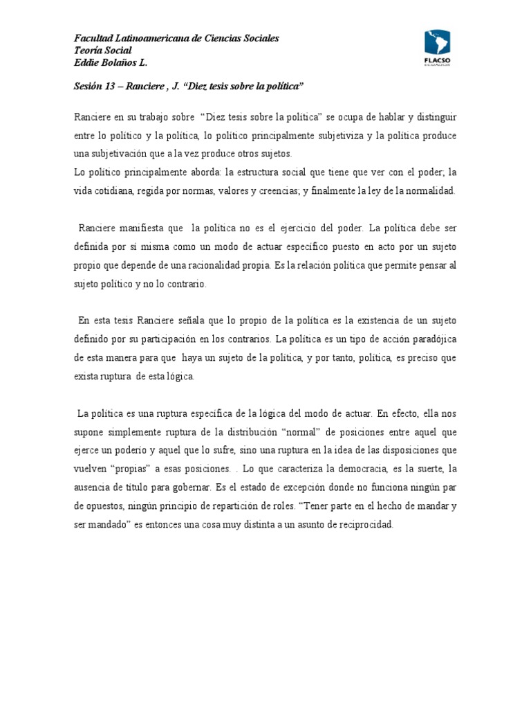 Ranciere, J. "Diez Tesis Sobre La Política" | PDF