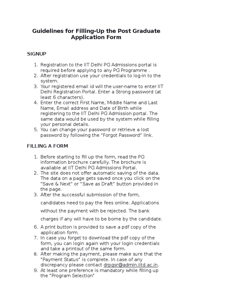 Guidelines For Filling-Up The Post Graduate Application Form | PDF ...