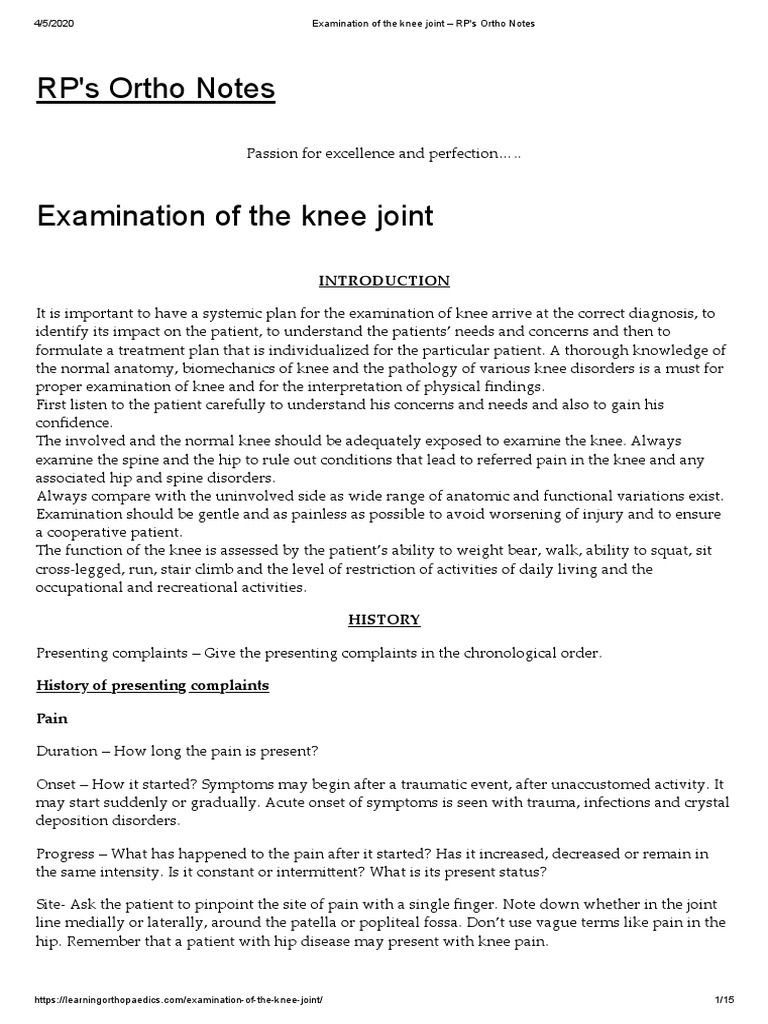 Examination of The Knee Joint - RP's Ortho Notes | PDF | Pain | Knee