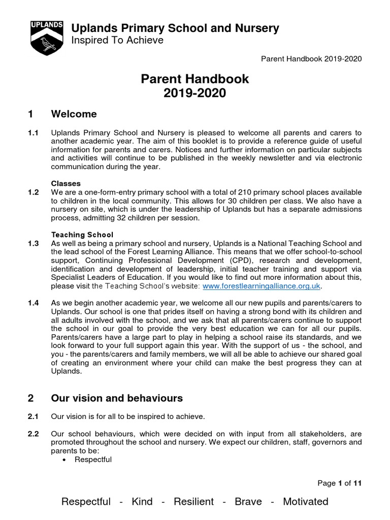Parent Handbook 2019-2020: Uplands Primary School and Nursery | PDF ...