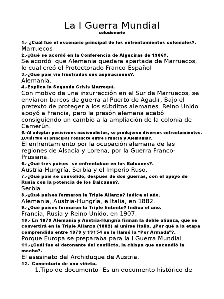 Solucionario 1º Guerra Mundial en Preguntas | PDF | Primera Guerra ...