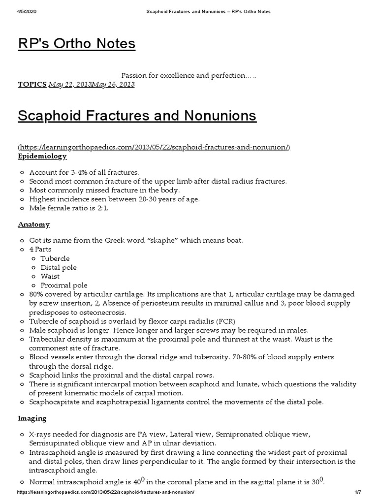 Scaphoid Fractures and Nonunions - RP's Ortho Notes | PDF | Limbs ...