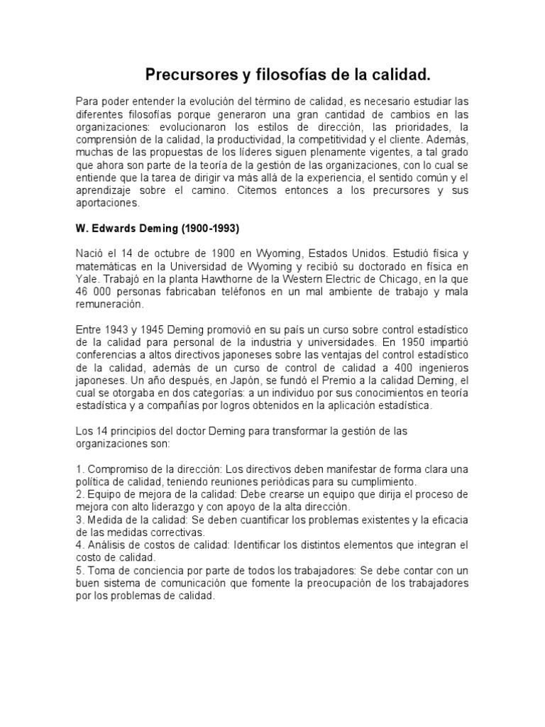 Precursores y Filosofías de La Calidad | PDF | Gestión de la calidad | Sistema de manejo de calidad