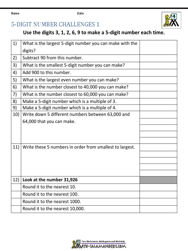 5-Digit Number Challenges 1: Use The Digits 3, 1, 2, 6, 9 To Make A 5 ...