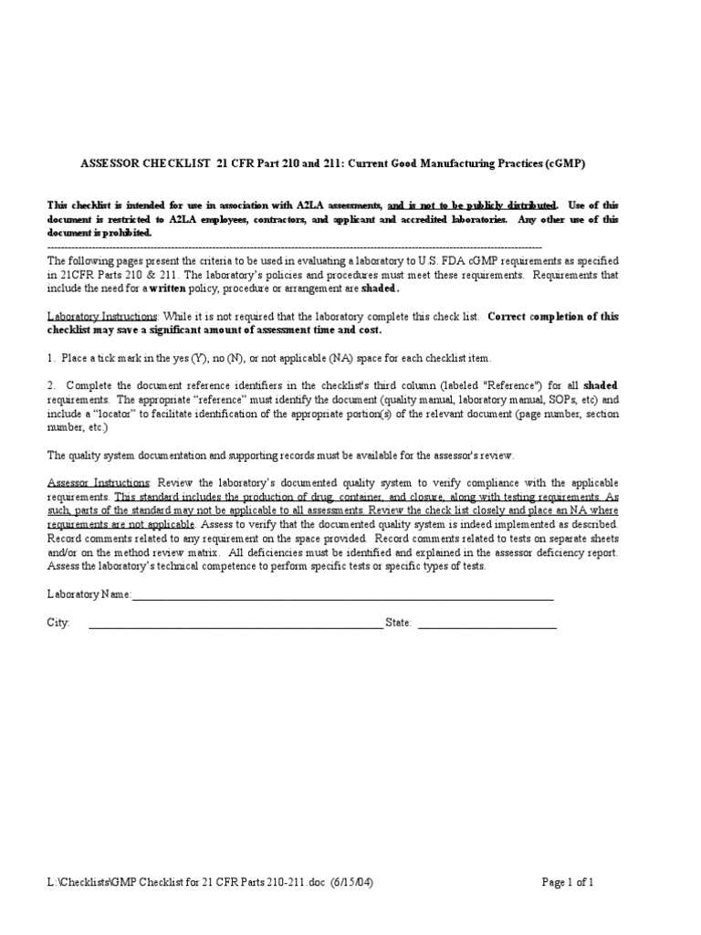 ASSESSOR CHECKLIST 21 CFR Part 210 and 211: Current Good Manufacturing ...