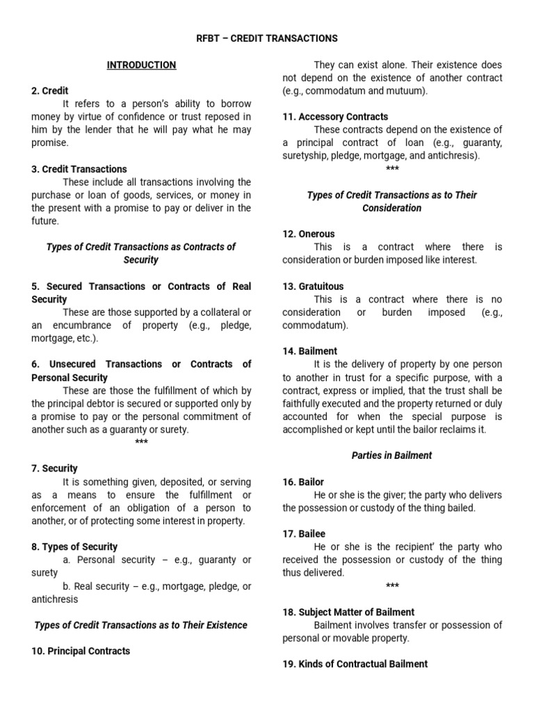 Types of Credit Transactions As To Their Consideration | PDF ...