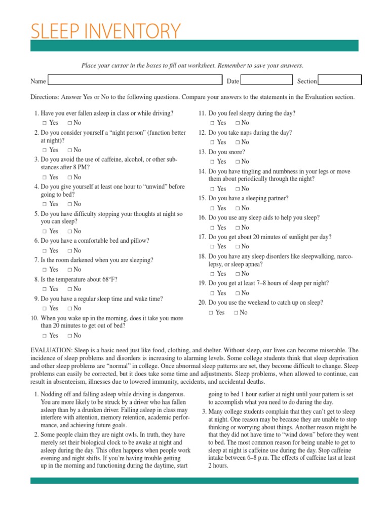 Sleep Inventory: Place Your Cursor in The Boxes To Fill Out Worksheet ...