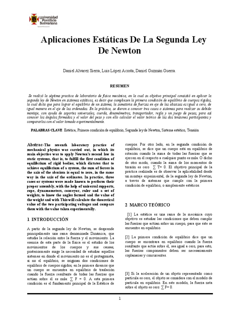 Informe De Laboratorio 7 De Física Mecánica Aplicaciones Estáticas De